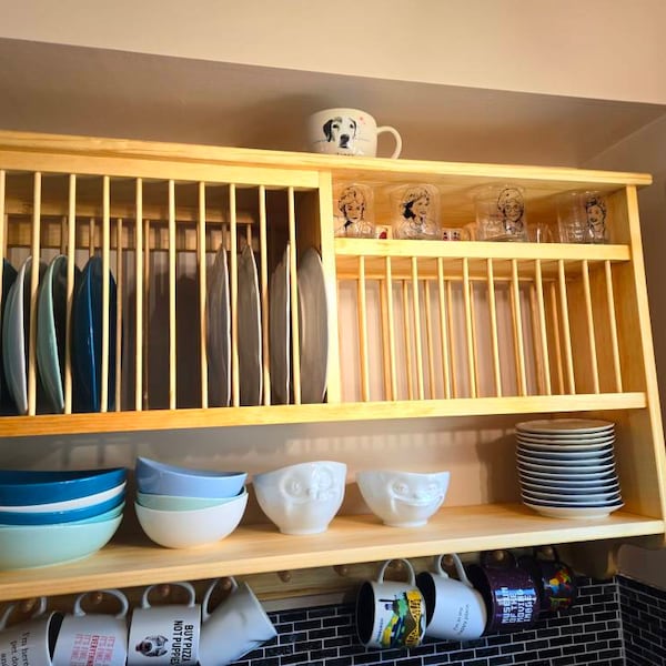 NEW* Split Shelf Cabinet Wall Counter Wood Plate Dish Rack Mugs Glasses ...