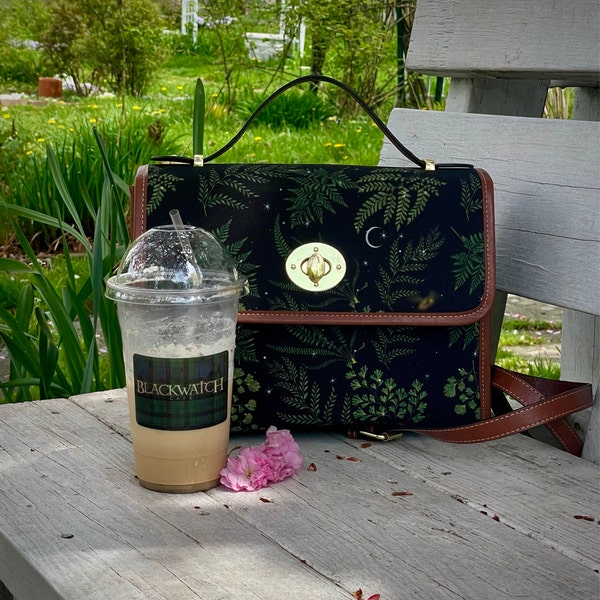 Boho Fern Forest Black Canvas Satchel Bag, Green Crossbody Moon Purse ...
