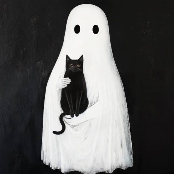 Ghost and Cat Print | Wall Art | Halloween Decor | Vintage Print ...