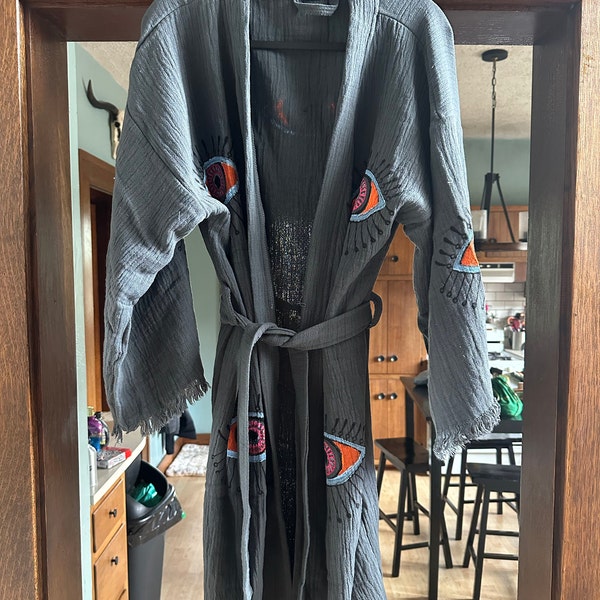 Boho Morning Robe, Organic Cotton Spa Robe, Bridal Robe, Evil Eye ...