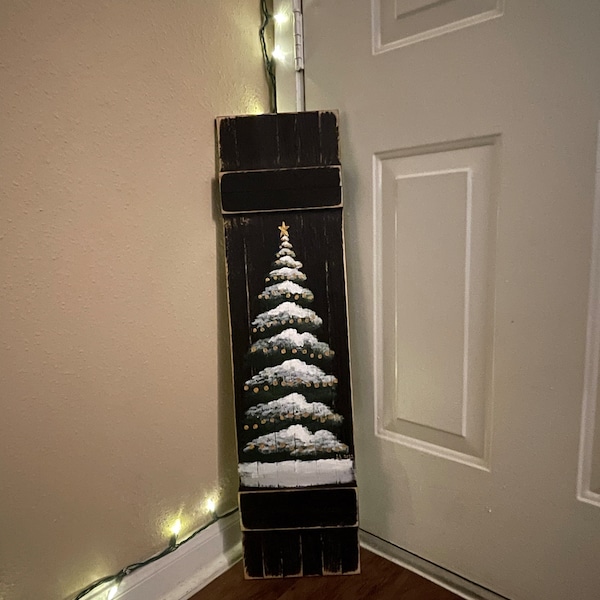 Christmas Tree Handpainted Distressed Wood Shutter Sign and Two Color ...