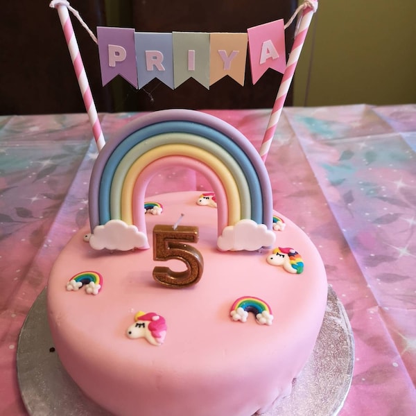 Edible Rainbow Cake Topper Decoration With Personalised Cake Bunting ...