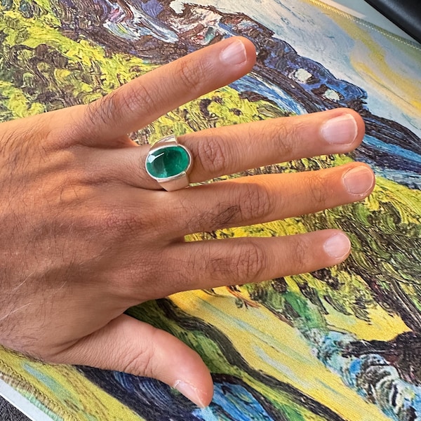 13 Carat Rare Emerald Sterling Silver 925 Handmade Ring Beautiful Rich ...