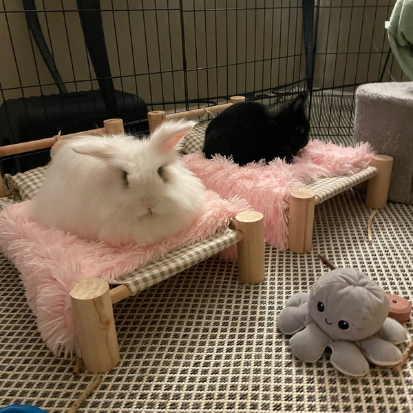 Rabbit Bunny Pet Bed, Wooden Bed With Pillow and Bedsheet Set, Multi ...