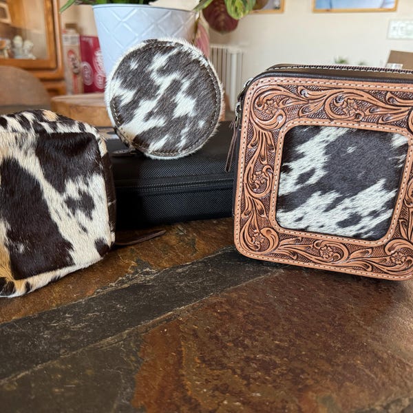 COWHIDE JEWELRY BOX Jewelry Storage Box Travel Case Gift Idea Leather ...