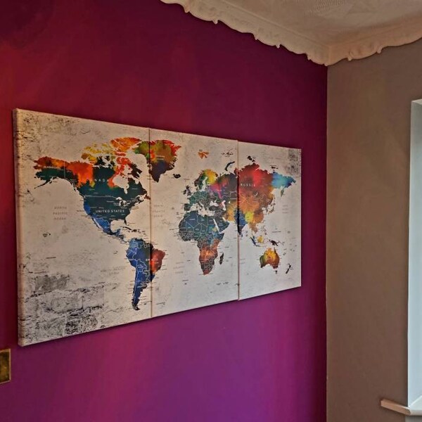 World Map Push Pin Canvas Wall Art, Colorful Wall Decor, Adventure ...