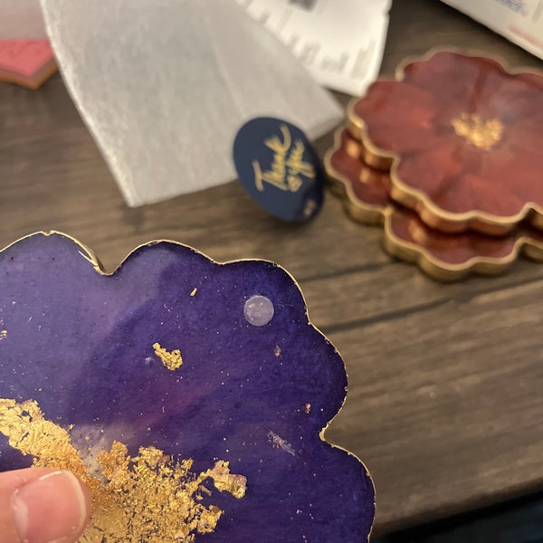 Dark Purple Flower Coasters With Gold Accents, Handmade Epoxy Resin ...