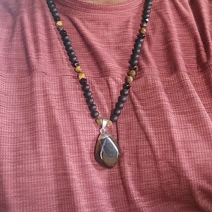 Men's Protection Necklace Big Raw Tiger Eye Pendant Beads Necklace ...