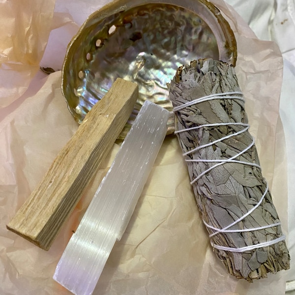 Smudging Kit - Abalone Shell, Palo Santo, Selenite, White Sage - Etsy