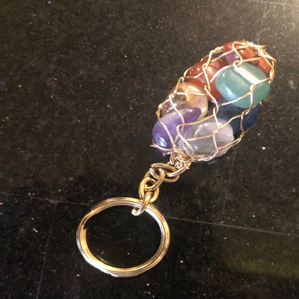 Seven Stone Chakra Tumbled Stone Keychain - Gold and Silver Toned ...