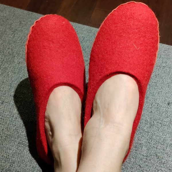 Red Women Wool Slippers, Boiled Wool Slippers, Bedroom Slippers, Hygge ...