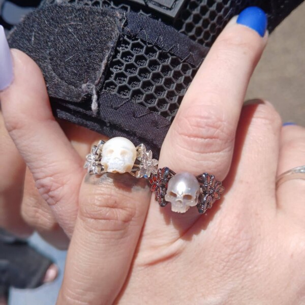 Handmade Skull Ring Carved Freshwater Pearl Carved Skull Ring 925silver ...