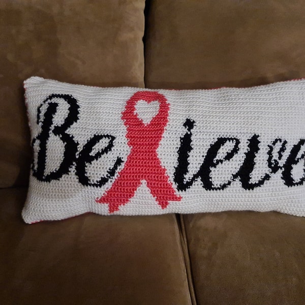 Crochet Pillow Pattern, Believe Pillow, Chemo Crochet, Awareness Ribbon ...