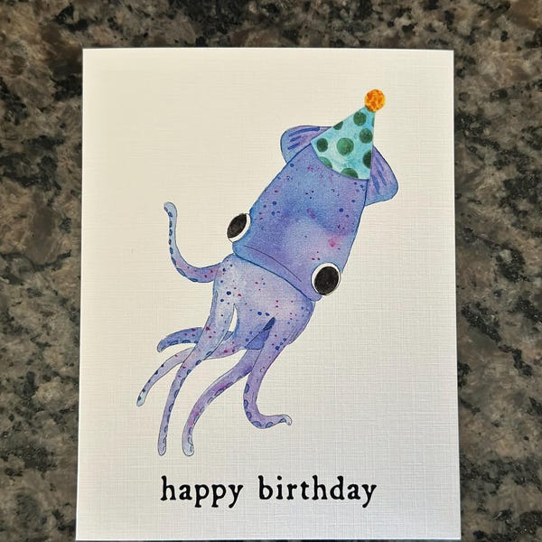 Watercolor Party Squid Birthday Card, Whimsical Greeting Cards, Art ...