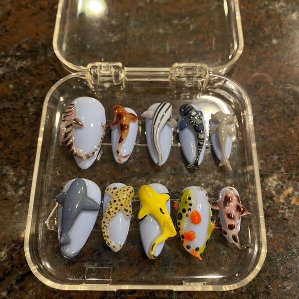 Deep Sea Shark Press on Nails, Handmade Ocean-inspired Nail Art, 3D ...