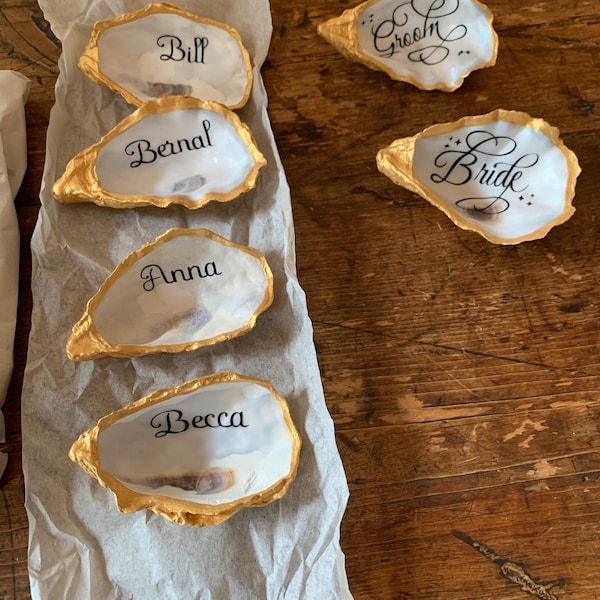 Antique Gold Oyster Shell Wedding Name Cards. Personalised Place Cards ...