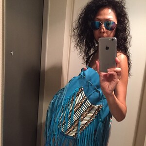 Boho Leather Bag, Turquoise Fringe Purse, Large Size, Crossbody Bag - Etsy