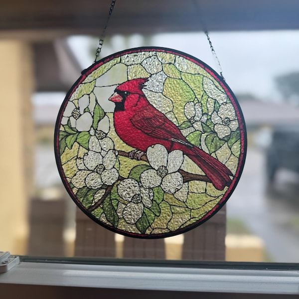 Red Cardinal Stained Glass Suncatcher, Cardinal Window Hanging Red Bird ...