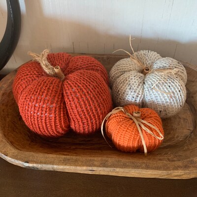 Knit Pumpkins Fall Decor Autumn Display Thanksgiving Centerpiece Rustic ...
