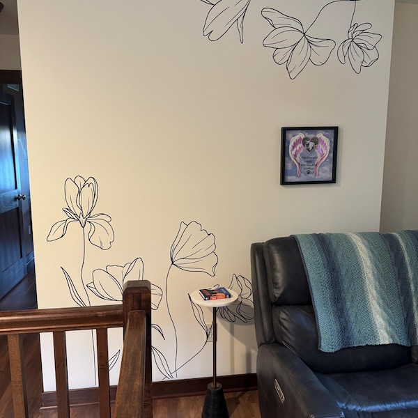 Minimal Line Art Flower Corner Wall Decals – Modern Floral Accent Wall ...