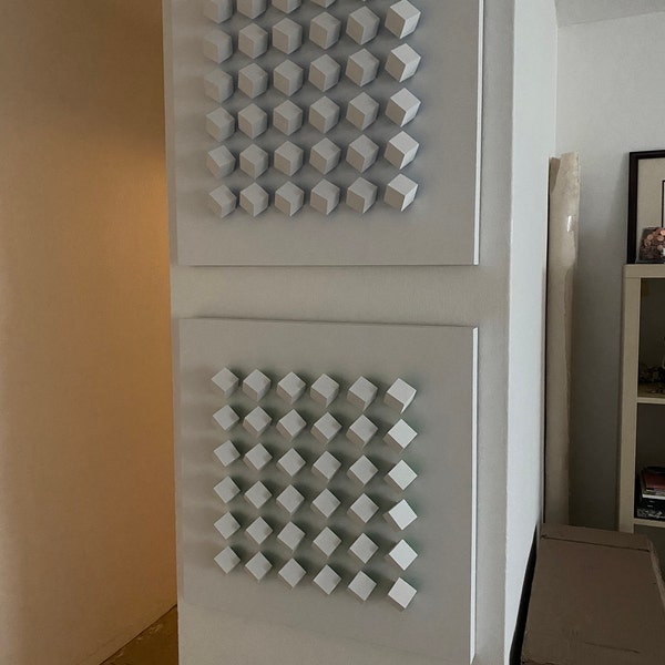 Modern Art Wall Sculpture Block Art Geometric Minimalist Grid Pattern White With Green Color ...