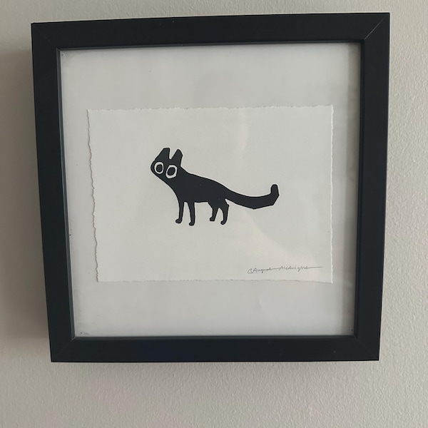 Little Black Cat Linocut - Printmaking - 7x5 Animal Art - Deckle Edge ...