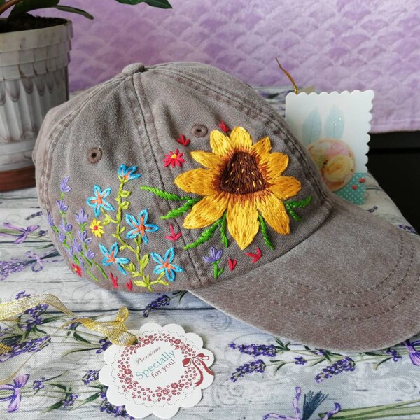Hand Embroidered Black Baseball Cap for Women, Custom Embroidered Hat ...