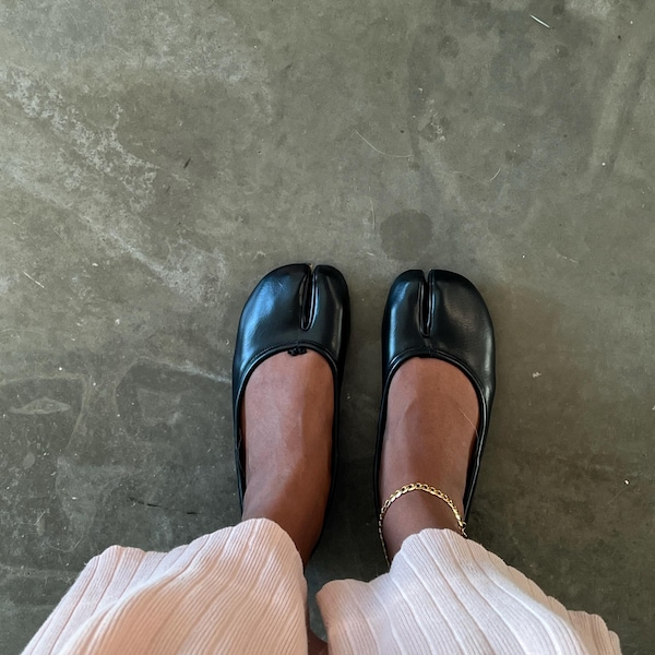 Tabi Shoes Dark Brown Leather Flats for Women Unique Split Toe Design ...