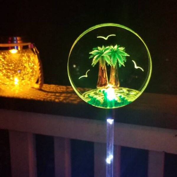 Palm Trees Solar Garden Stake Lighted, Hand Carved for 3D Detail ...