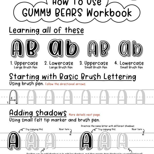 Gummy Bears Hand Lettering Practice Worksheets: Outline & Shadows ...