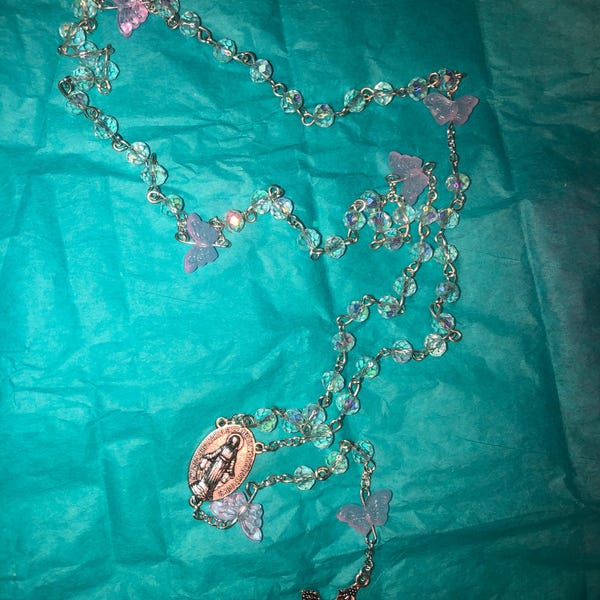 Handcrafted Prayer Rosary. Pink Butterfly Beads, Clear Crystals, Gold ...