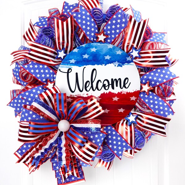 Red White and Blue Welcome Wreath Sign - Etsy