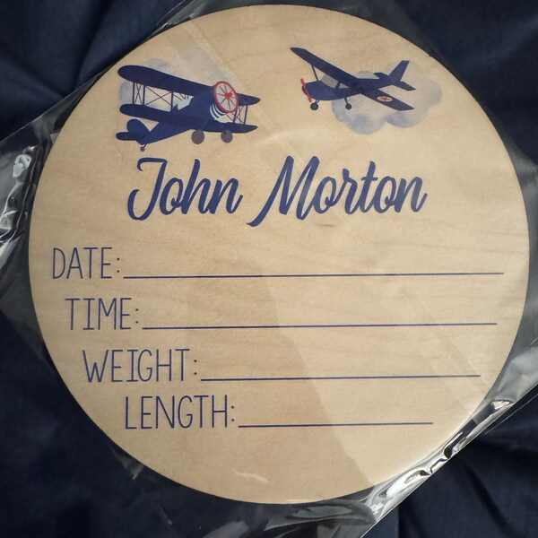 Baby Stat Sign, Round Wood Birth Stat Sign, Airplane Birth Stat Sign ...