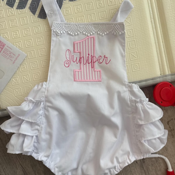 Baby Girl Ruffle Romper, White Bubble Romper, Personalized Outfit, Baby Girl Romper With Initial ...
