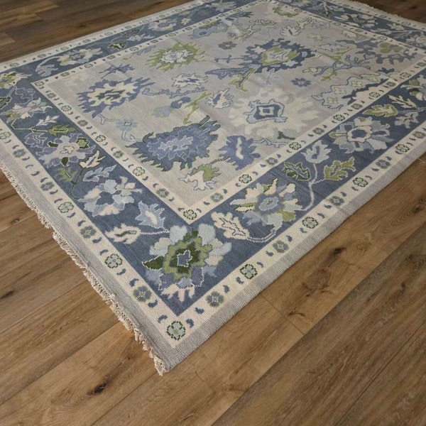 Hand Knotted Wool Oushak Rug: Modern Blue, Gray & Green - Etsy