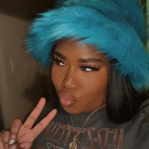 Super Fluffy Turquoise Blue Fuzzy Bucket Hat-blue Fake Fur Hat-festival ...