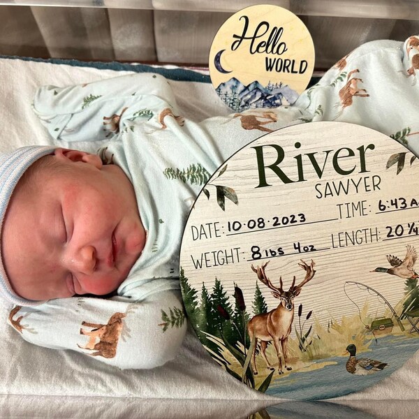 Hunting Birth Stat Sign, Buck Birth Stat Sign, Round Wood Birth Stat ...