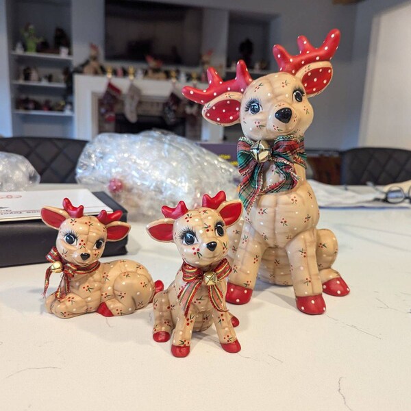 Ceramic Christmas Reindeer, Hand Painted Baby Deer Sitting, Holly ...