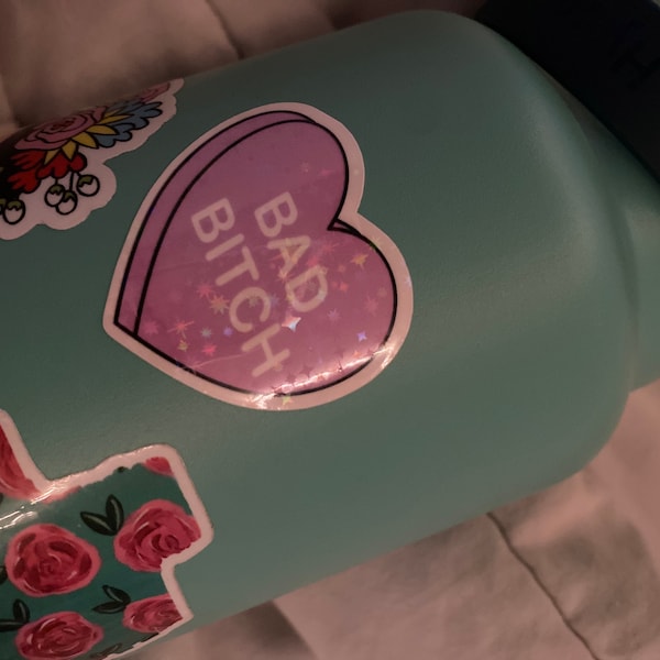 Bad Bitch Lavender Weatherproof Holographic Heart Sticker, Cute Heart ...