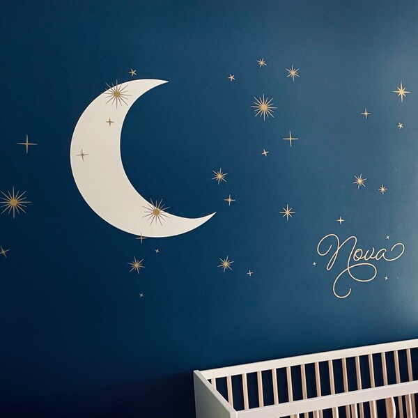 Moon and Starbursts Wall Decal Set, Includes One Moon and 66 Star ...