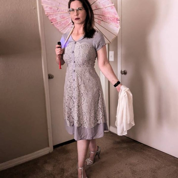 Light Grey Crepe Dress With Lace Overlay Custom Made Aline Vintage ...