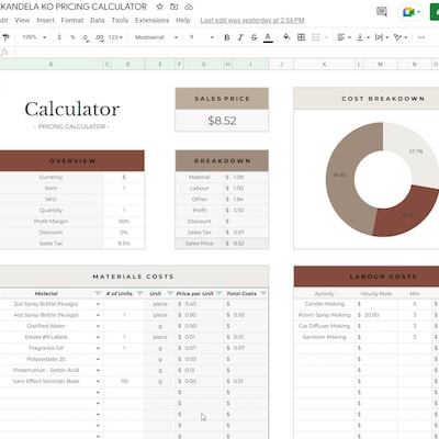 Pricing Calculator Spreadsheet, Price Handmade Products Google Sheet ...