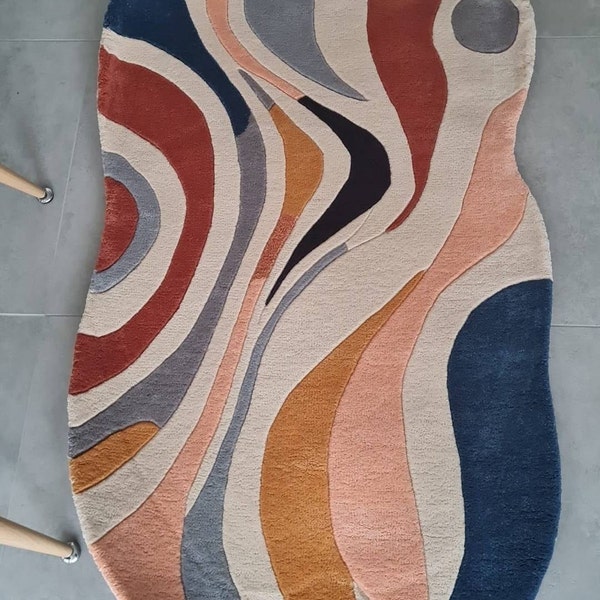Abstract Modern Hand-tufted Wool Rug – Multicolor Wave Design | Soft ...