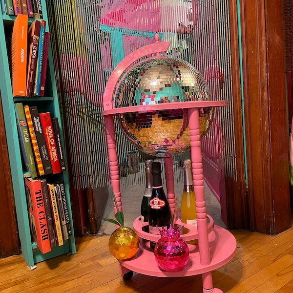 Glam Globes: Disco Ball Bar Cart Pink Stand Silver Tile - Etsy