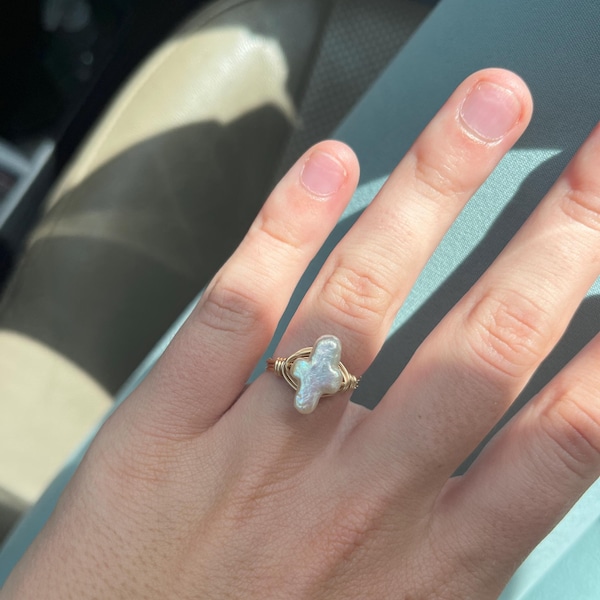 White Pearl Cross Ring: Wire Wrapped, Sterling Silver or Gold Filled ...