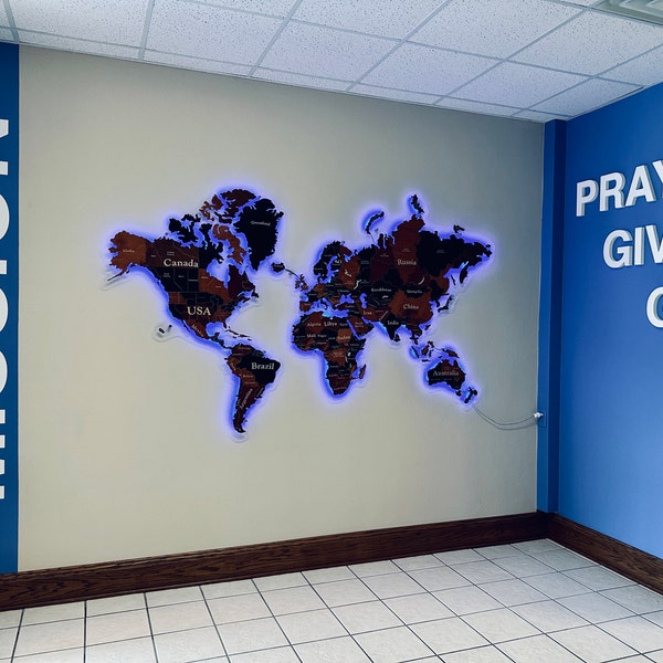 Led 3D Wall Map Art, Led Wall Art, Apartment Decor, World Map With LED Lighting, Illuminated ...