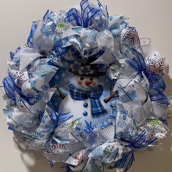 Blue Snowman Wreath Sign, Winter Wreath Sign, Metal Wreath Sign, Round ...