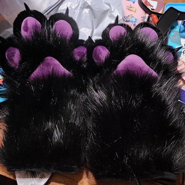 Handmade Cream-blue Cat Paw Cosplay Gloves Faux Fur Fluffy Kitten Puppy ...