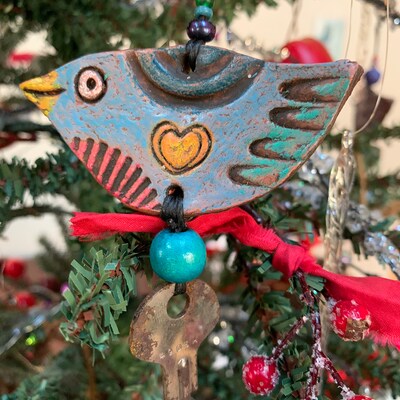 Happy Little Bird With Heart Love Bird Ornament Hanging Clay Bird ...