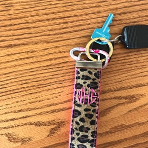 Leopard on Hot Pink Monogrammed Keychain Custom Embroidered Name Key ...